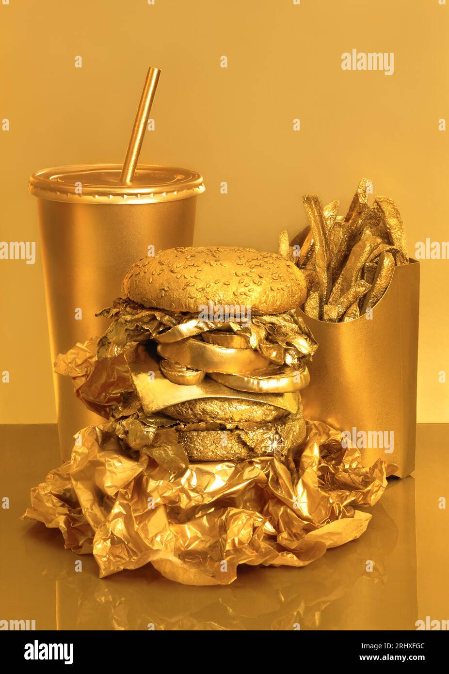 Golden street food placed on a table against a golden background Stock ...