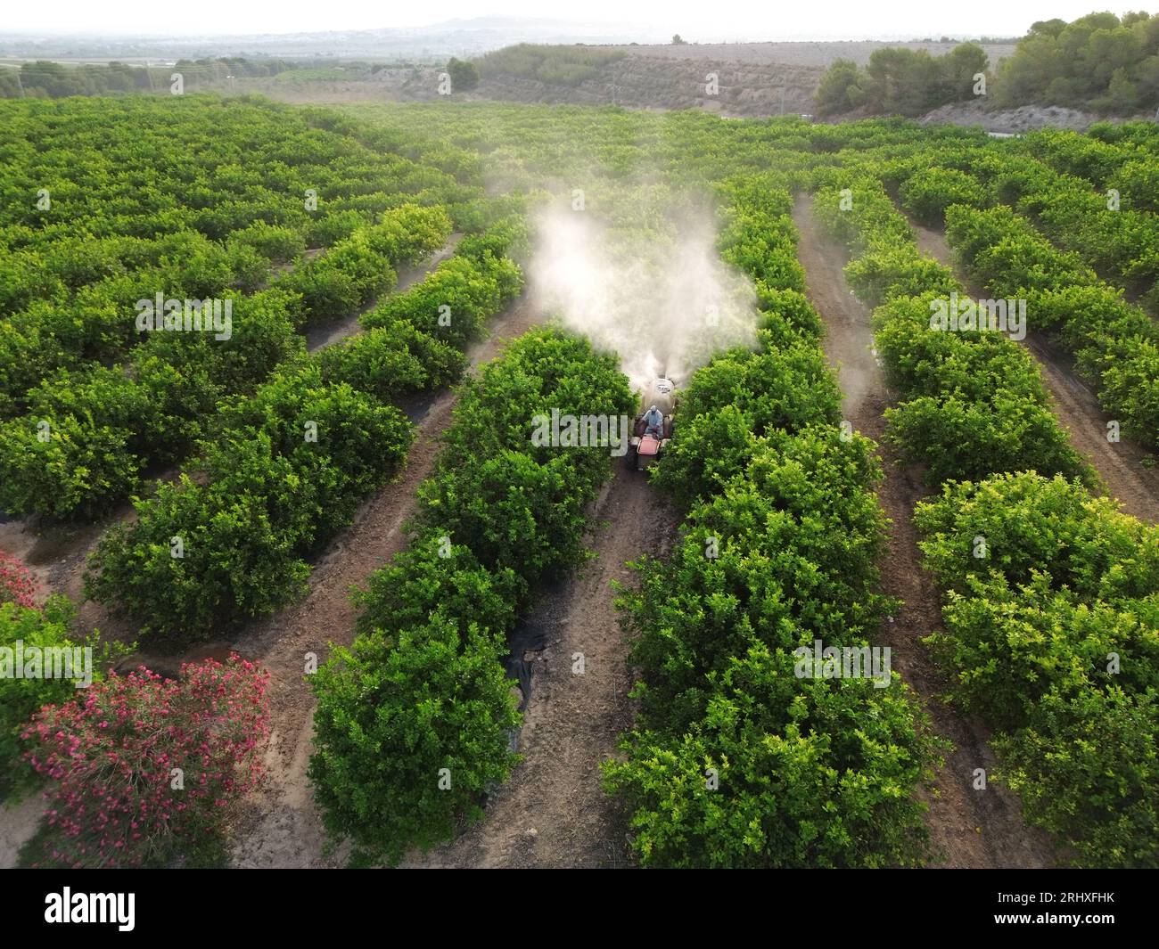 High angle of unrecognizable farmer driving agricultural tractor ...