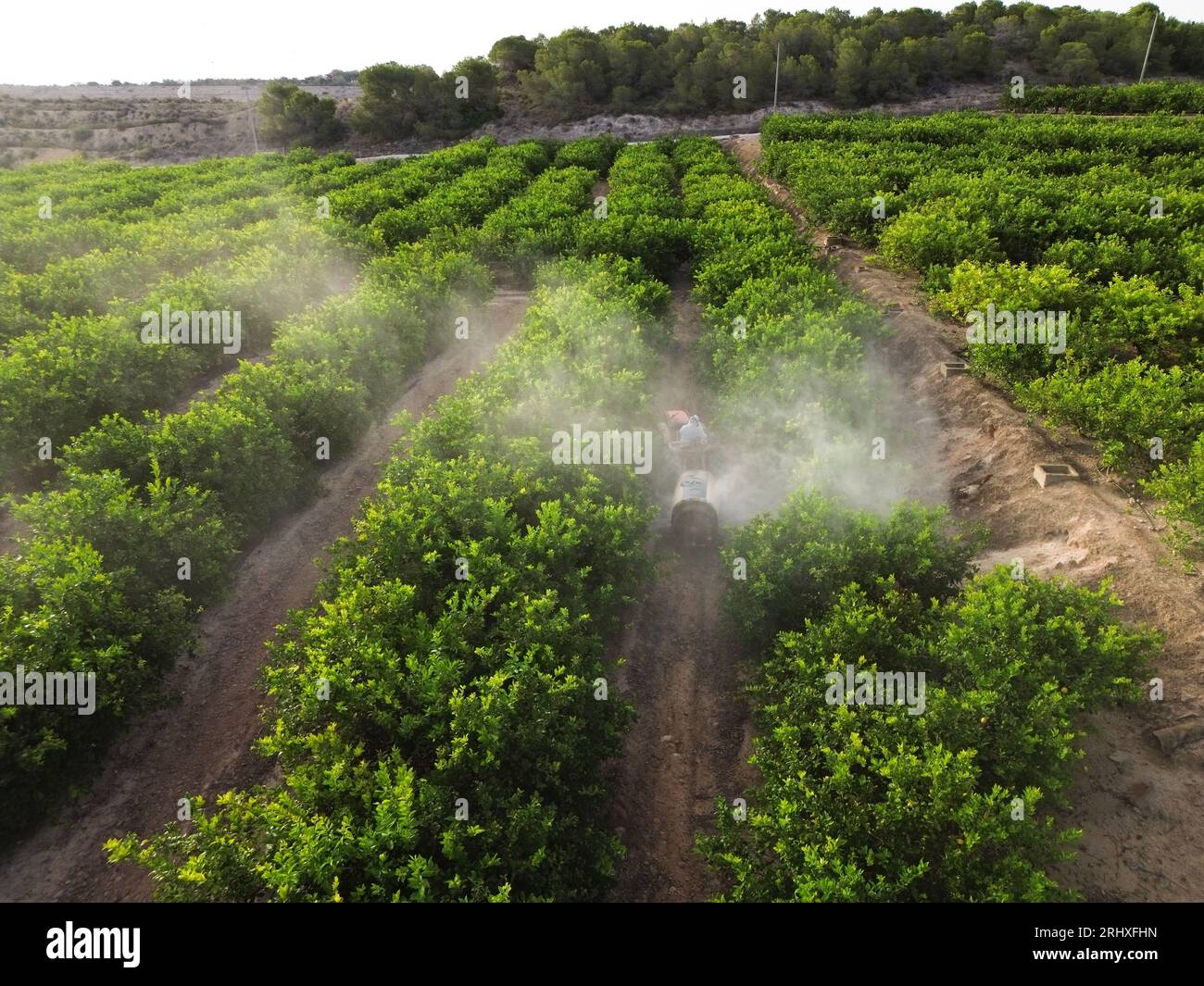 High angle of unrecognizable farmer driving agricultural tractor ...