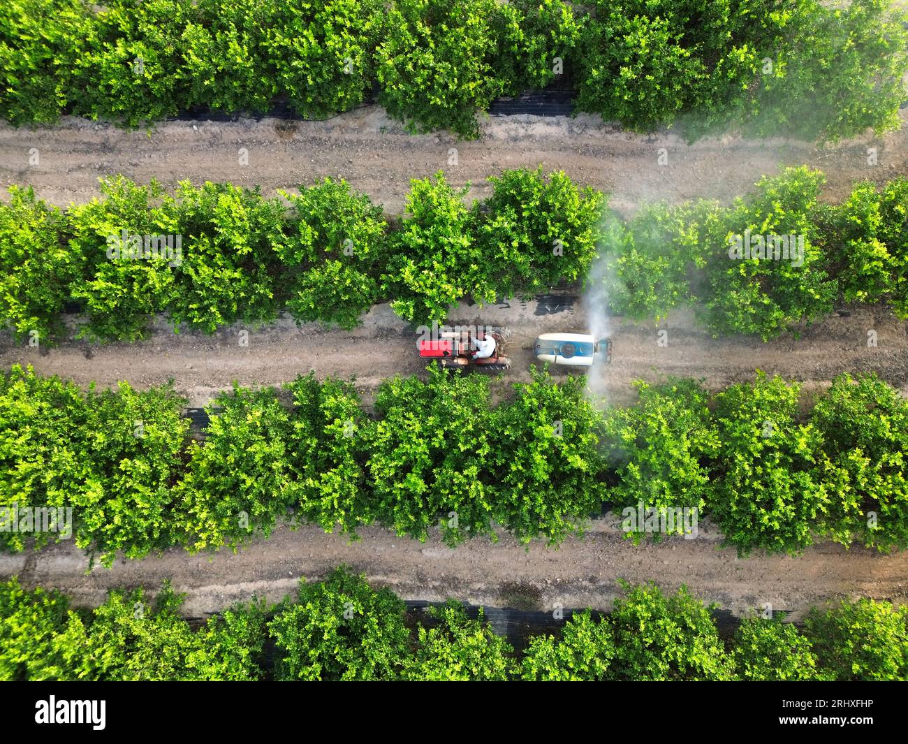Top view of unrecognizable farmer driving agricultural tractor ...