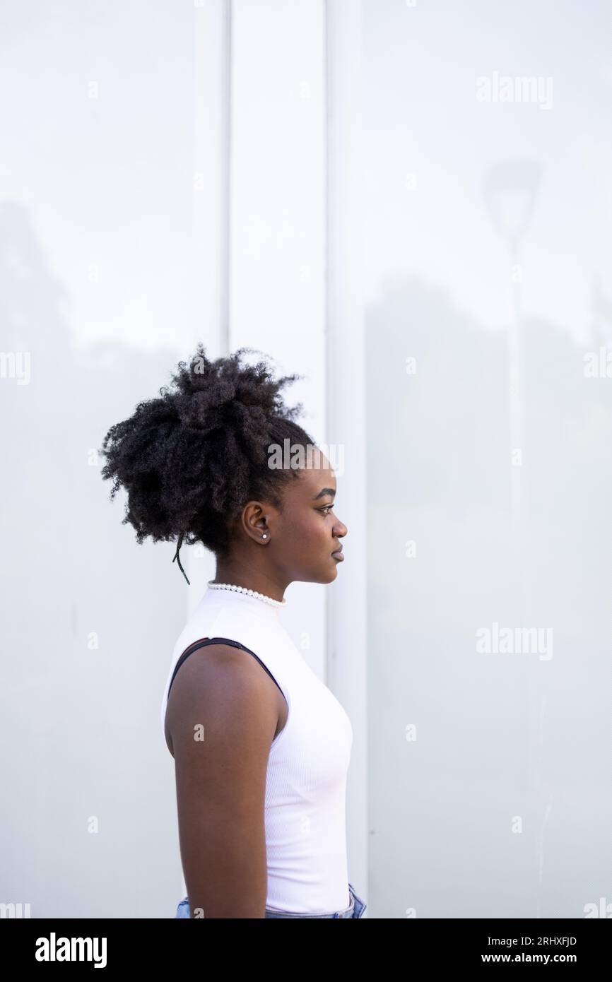 Side view portrait of young African American female in afro hairdo with ...