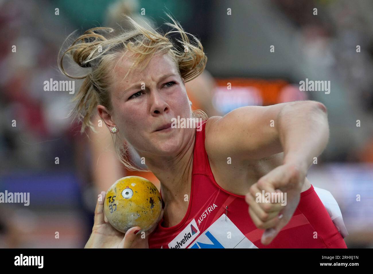 Sarah Lagger, of Austria, makes an attempt in in in the heptathlon shot ...