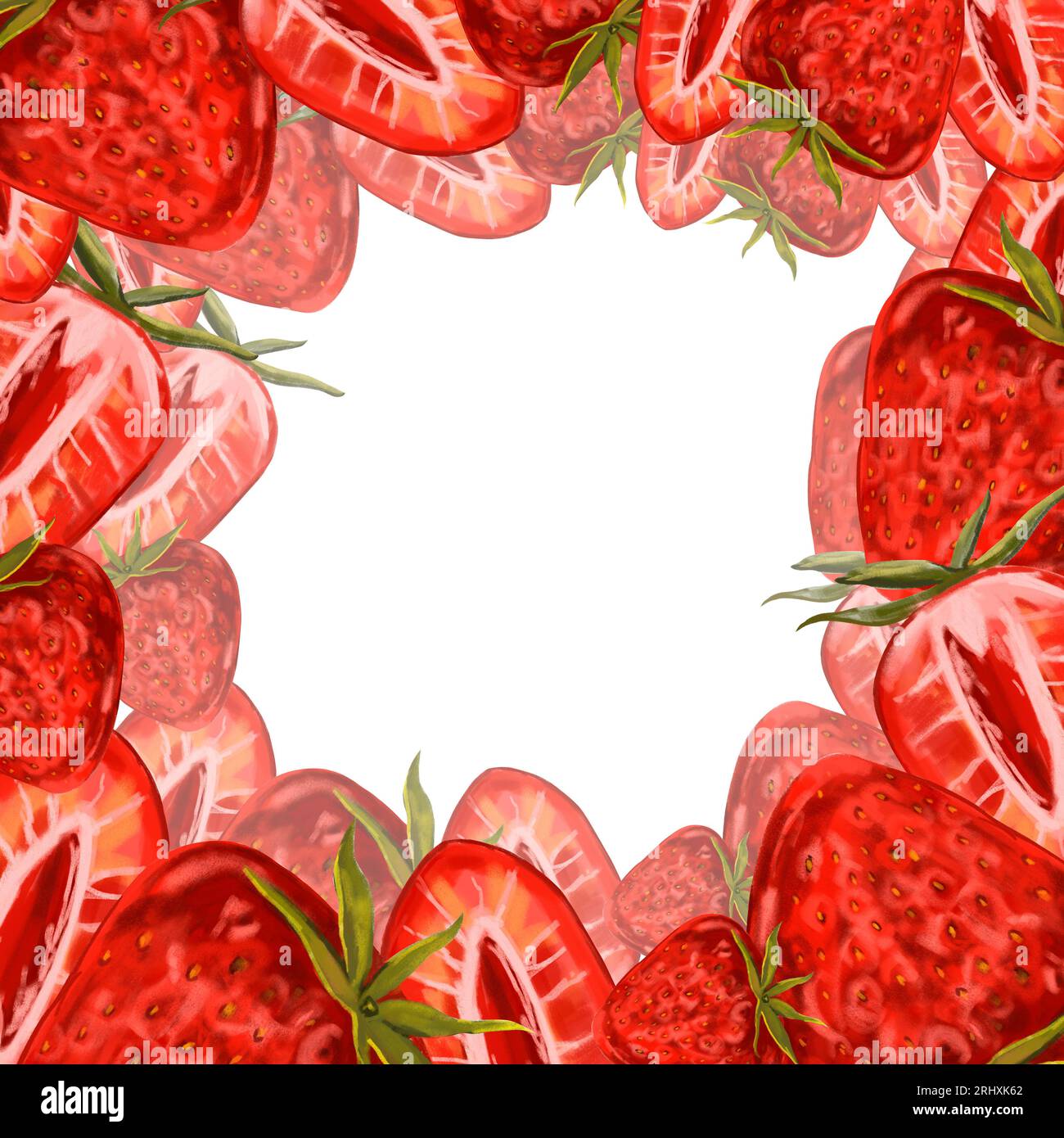 Watercolor strawberry round border frame and wreath. Hand drawn berry ...