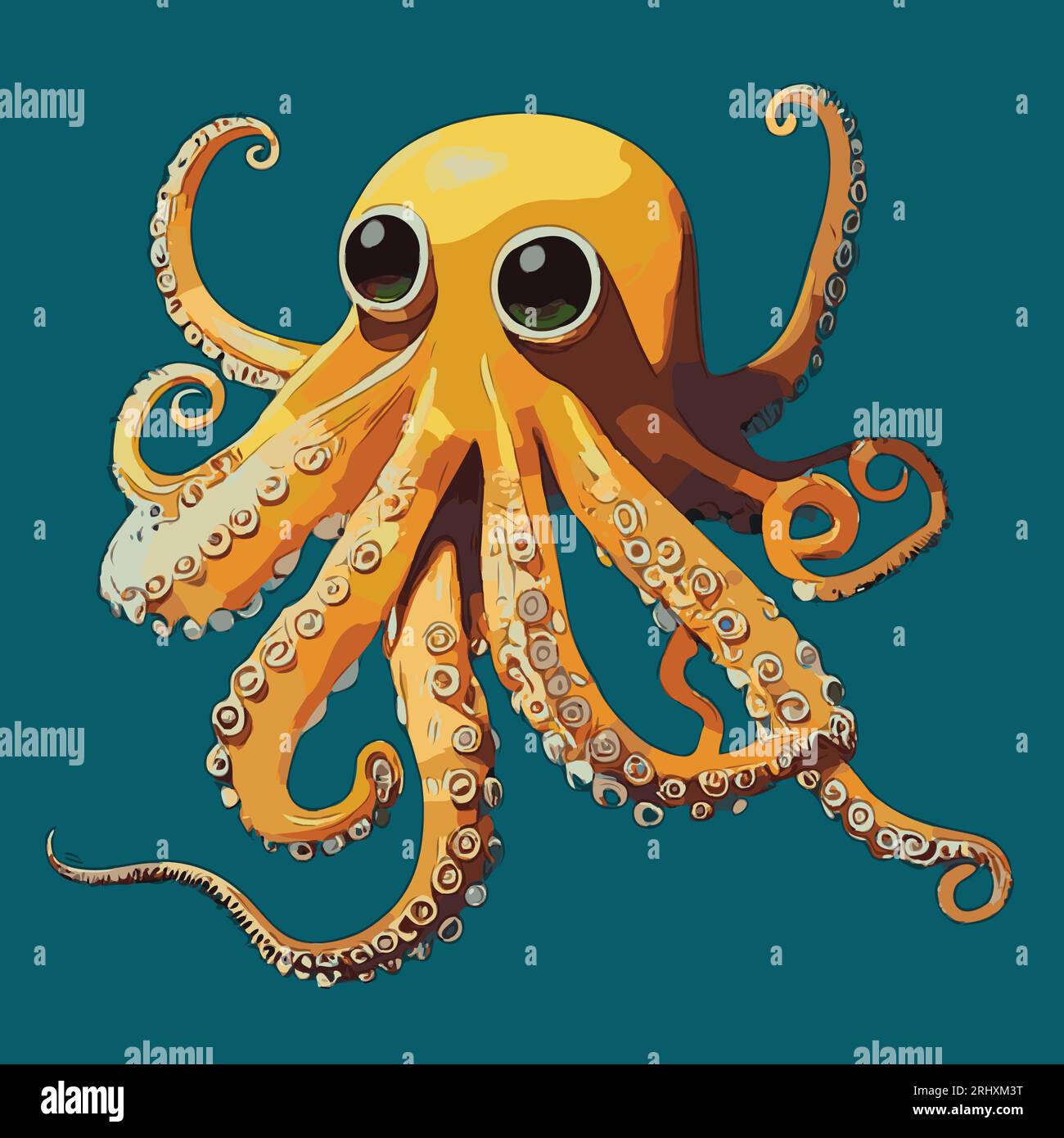 Curious Yellow Cartoon Octopus Floating in Teal Ocean. Cephalopod ...
