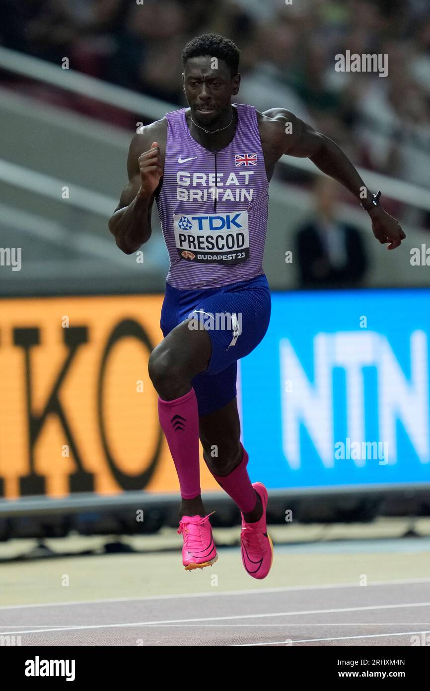 Reece Prescod, of Great Britain, competes in a Men's-100 meter heat ...