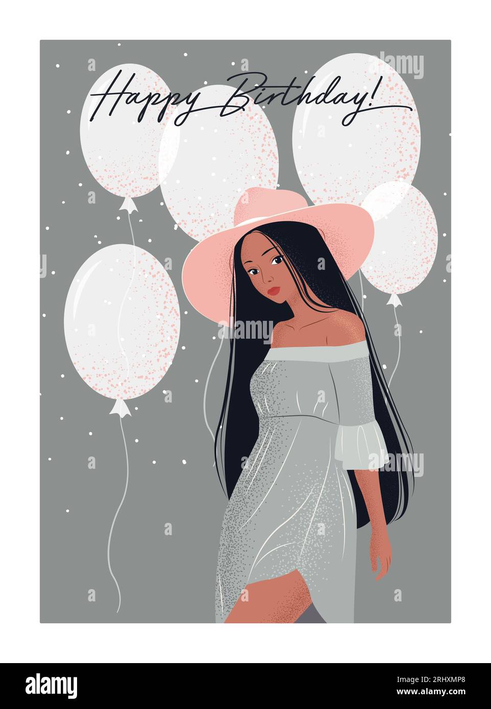 Vector Happy birthday card with woman and balloons Stock Vector Image ...