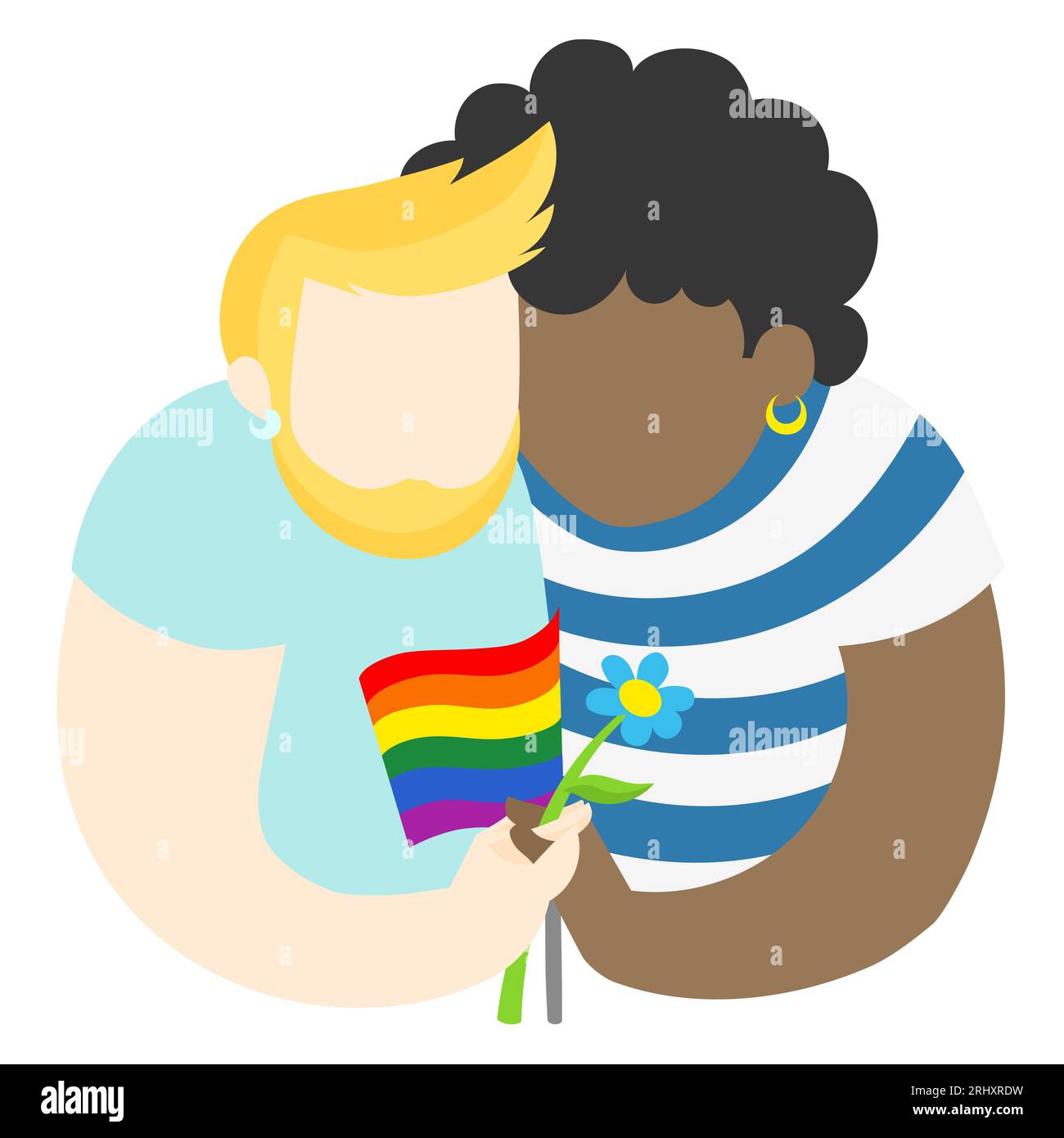 LGBT Boys in love holding rainbow flag and flower - simple vector ...