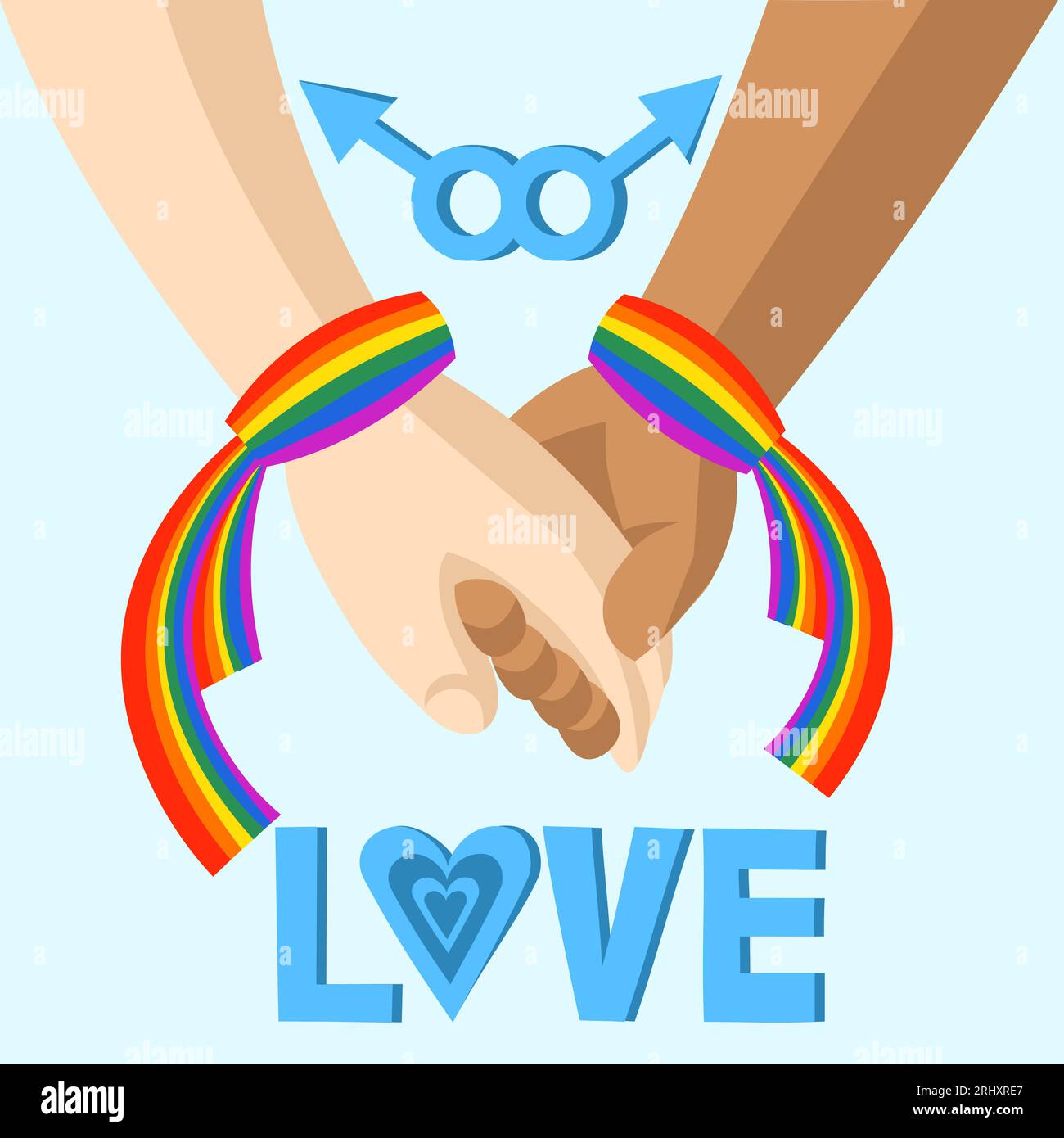 Two different skin colors hands hold each other with LGBT rainbow ...