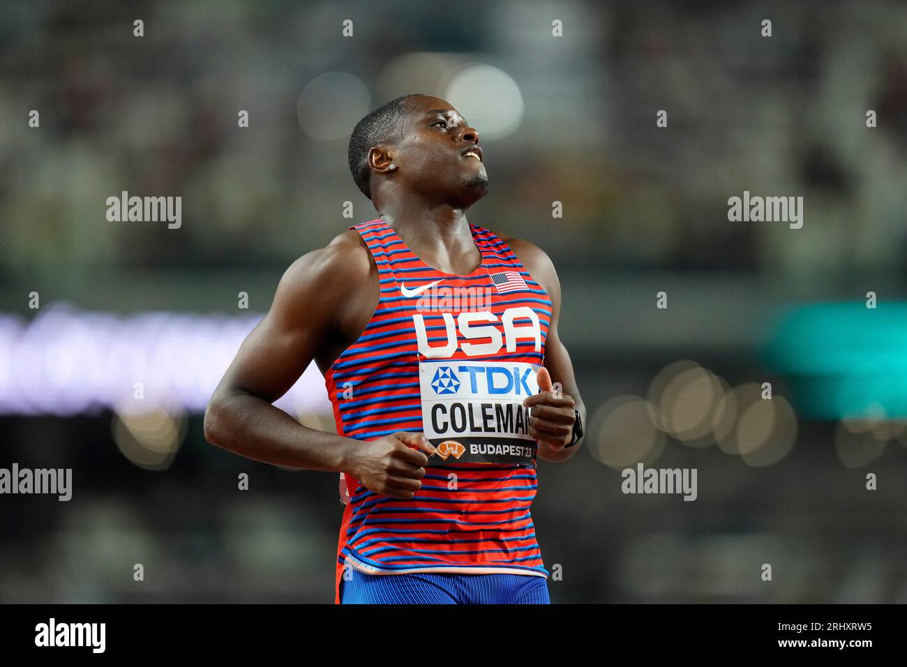 Christian Coleman, of the United States looks up after finishing a men ...