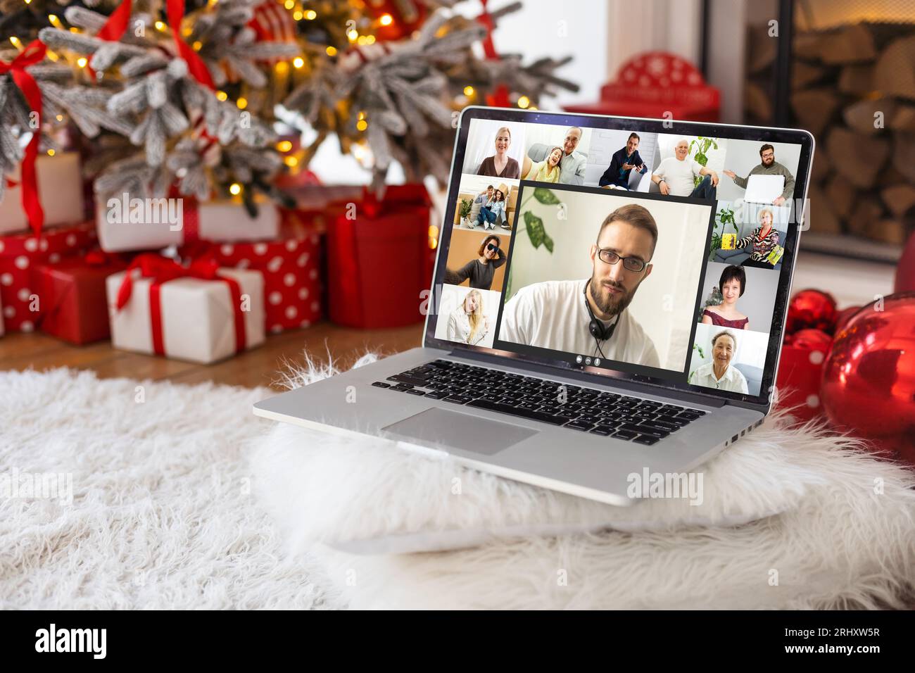 Family video call by remote chat laptop computer screen on Christmas ...