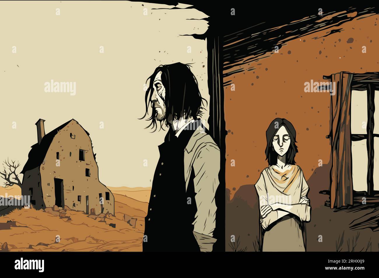 Defeated Husband and Wife on a Dustbowl Farm with a Ruined Barn during ...