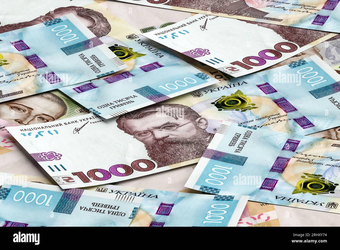 Stack of ukrainian money hryvnia (grivna, hryvna) with 1000 banknotes ...