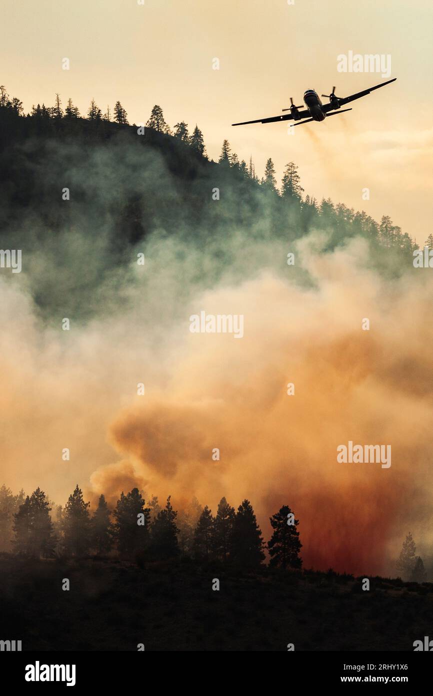 Fire fighting plane dropping retardant on Canadian wildfire Stock Photo ...