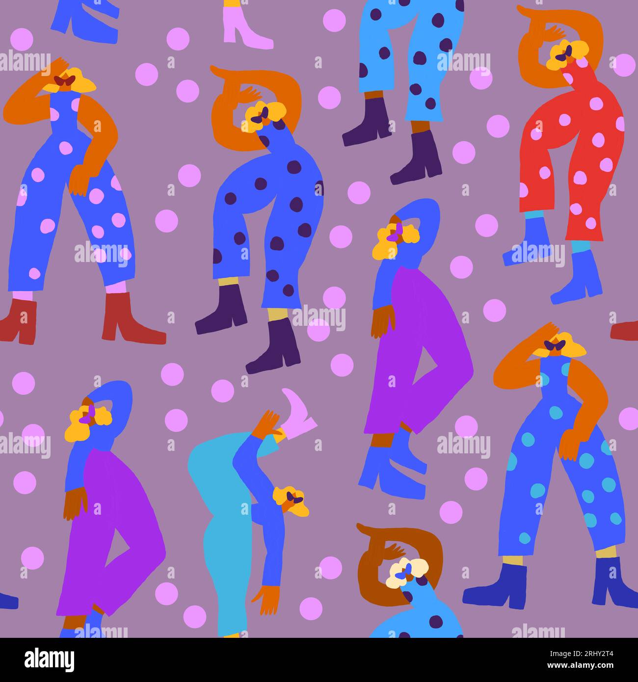 Vector seamless pattern with dancing disco people wearing colorful ...