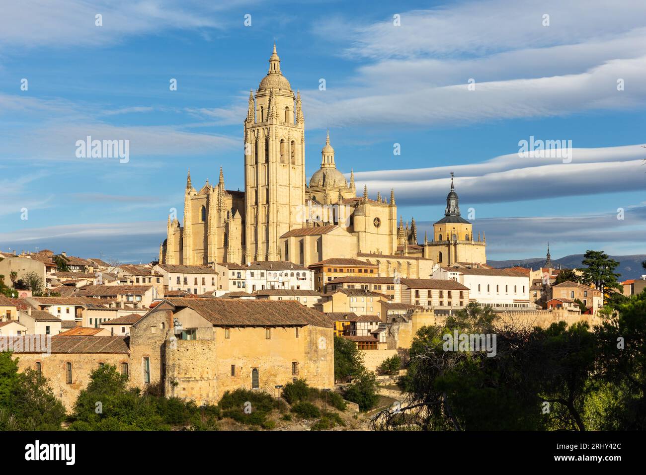 Segovia, Spain, cityscape with Segovia Cathedral at the top, church ...