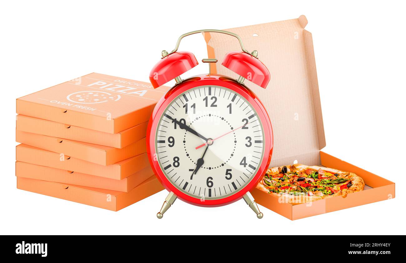 Pizza boxes with alarm clock, 3D rendering isolated on white background ...