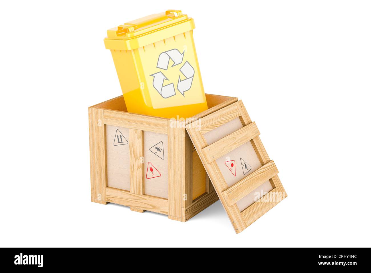 Colored recycling trash cans inside wooden box, delivery concept. 3D ...