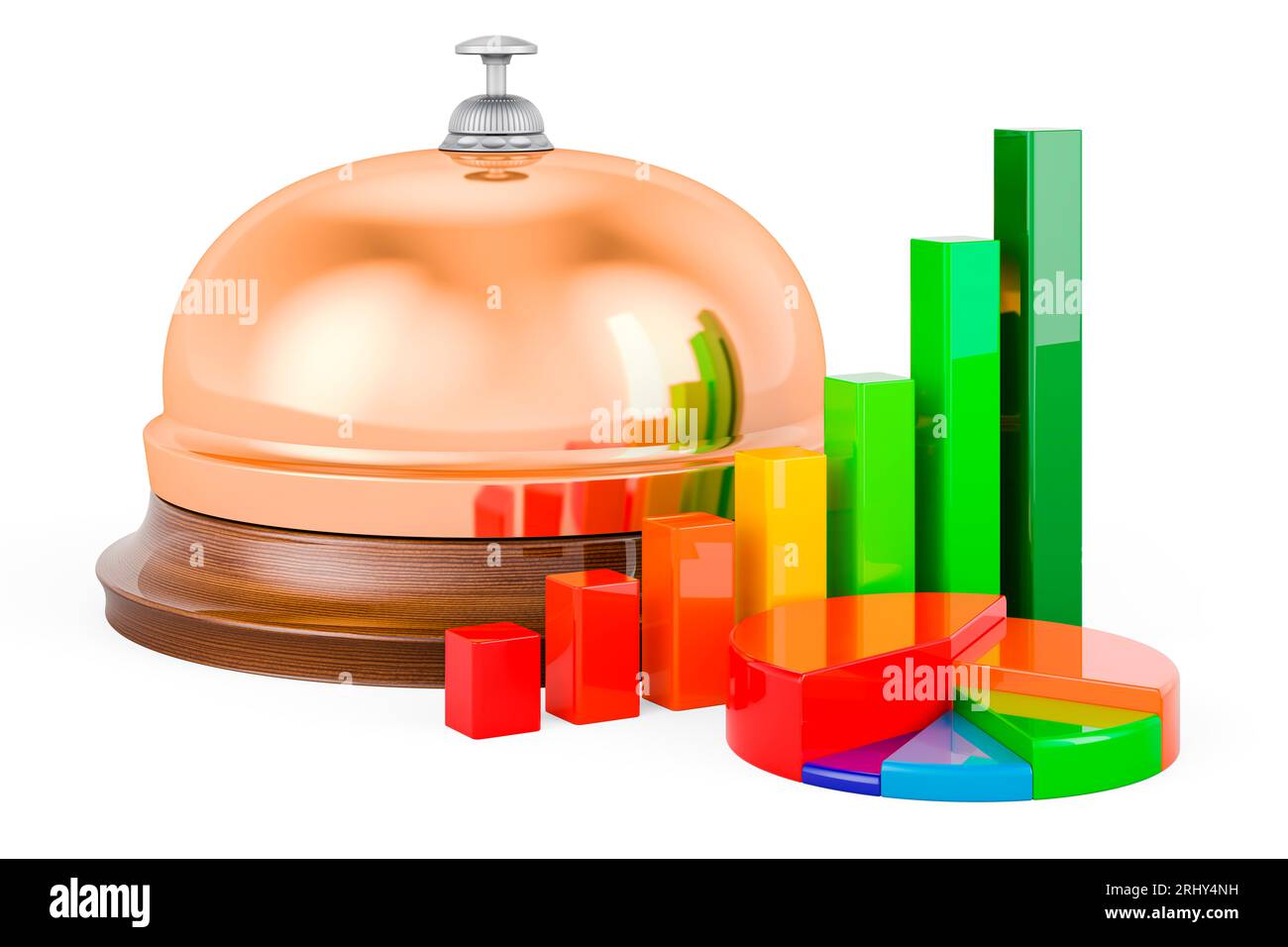Reception bell with growth bar graph and pie chart, 3D rendering ...