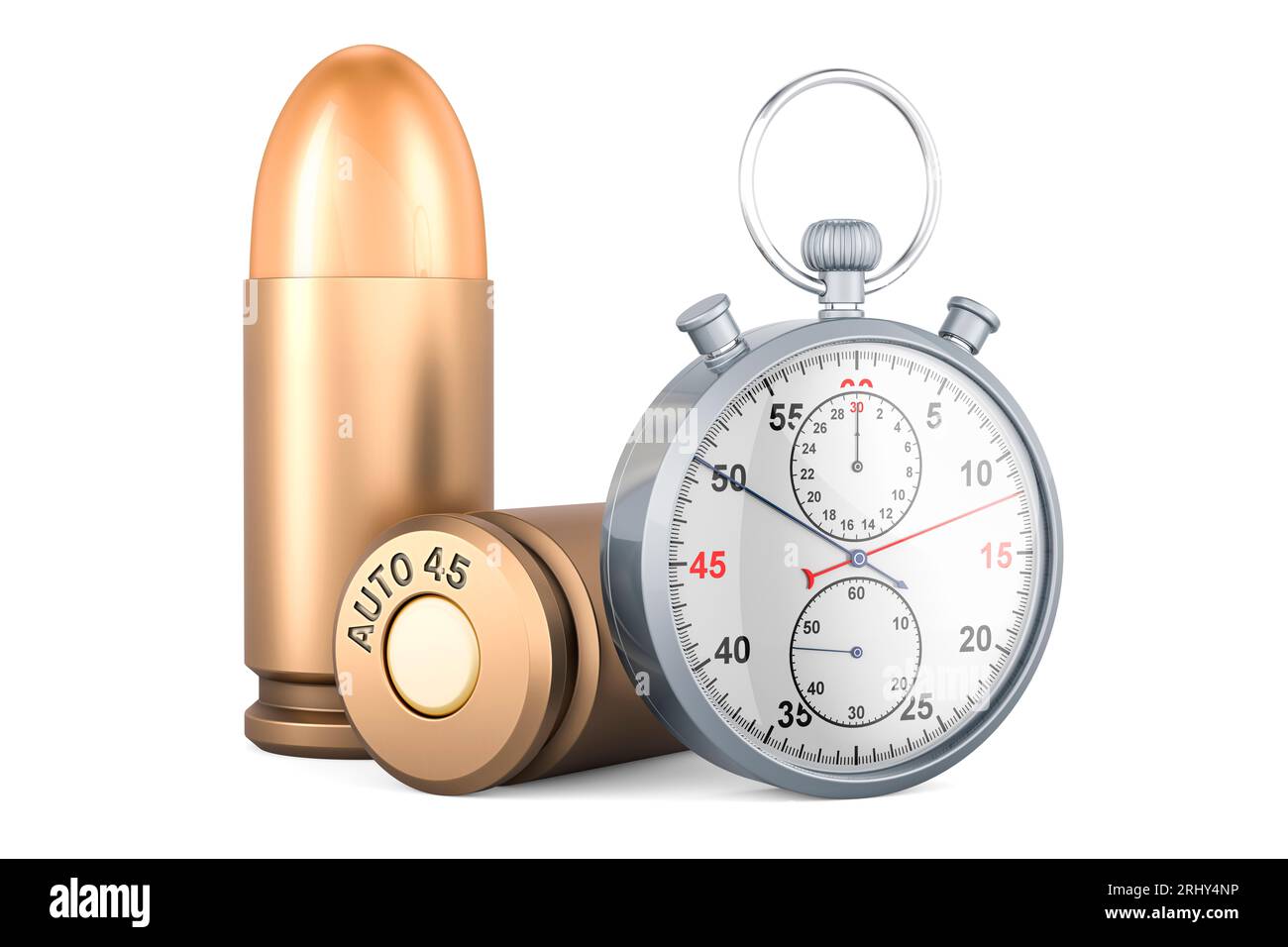 Pistol bullets with stopwatch, 3D rendering isolated on white ...