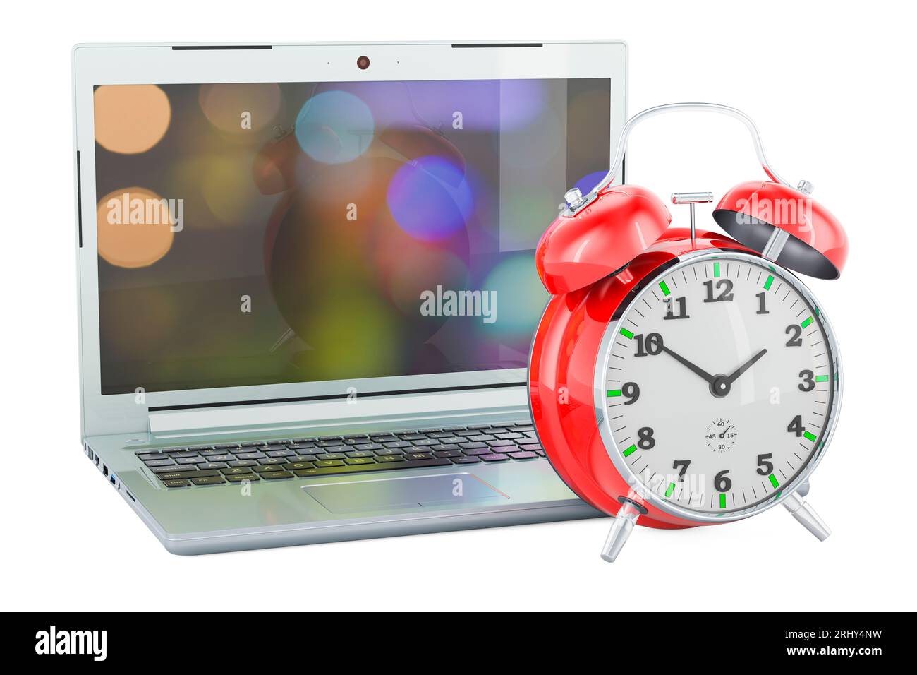 Laptop with opened display with alarm clock, 3D rendering isolated on ...