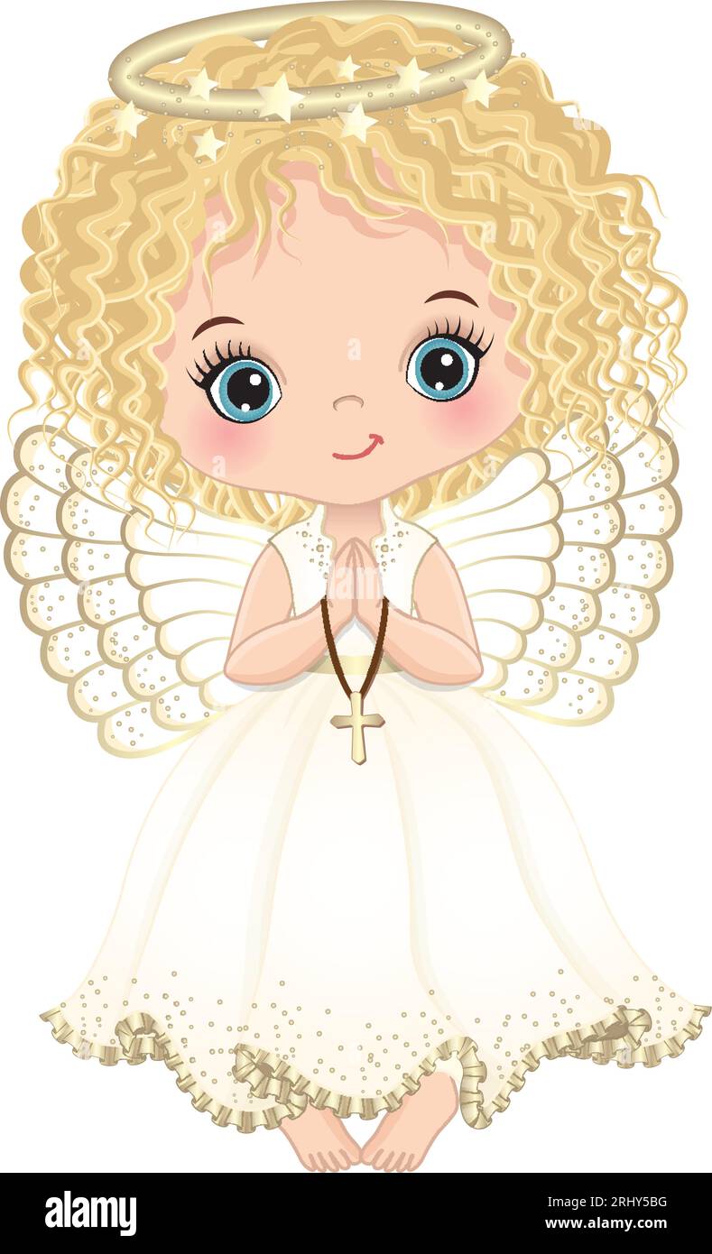 Vector Cute Girl Angel Holding Cross, Praying Stock Vector Image & Art ...