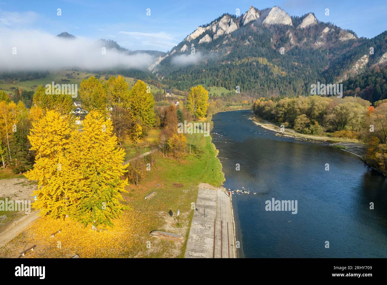 Aerial view of Trzy Korony mountain in Pieniny, Poland, during autumn ...