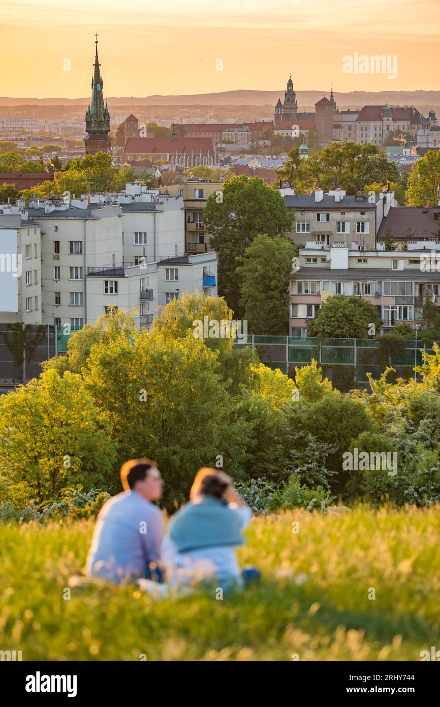 Krakus Mound with sunset view of Krakow old town, Poland Stock Photo ...