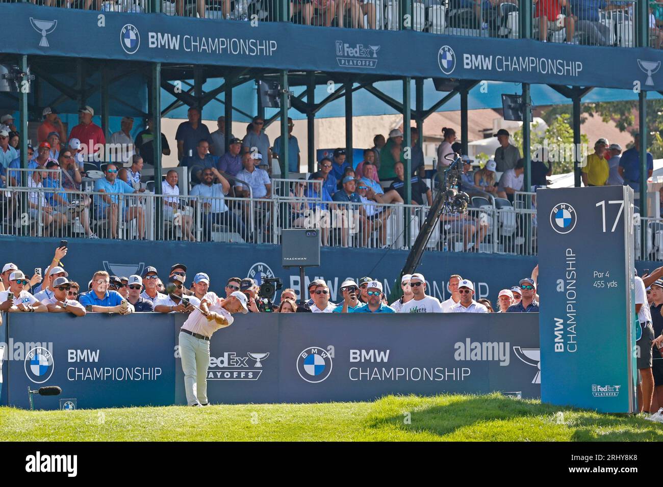 OLYMPIA FIELDS, IL - AUGUST 19: PGA golfer Brian Harman plays his tee shot on the 17th hole ...