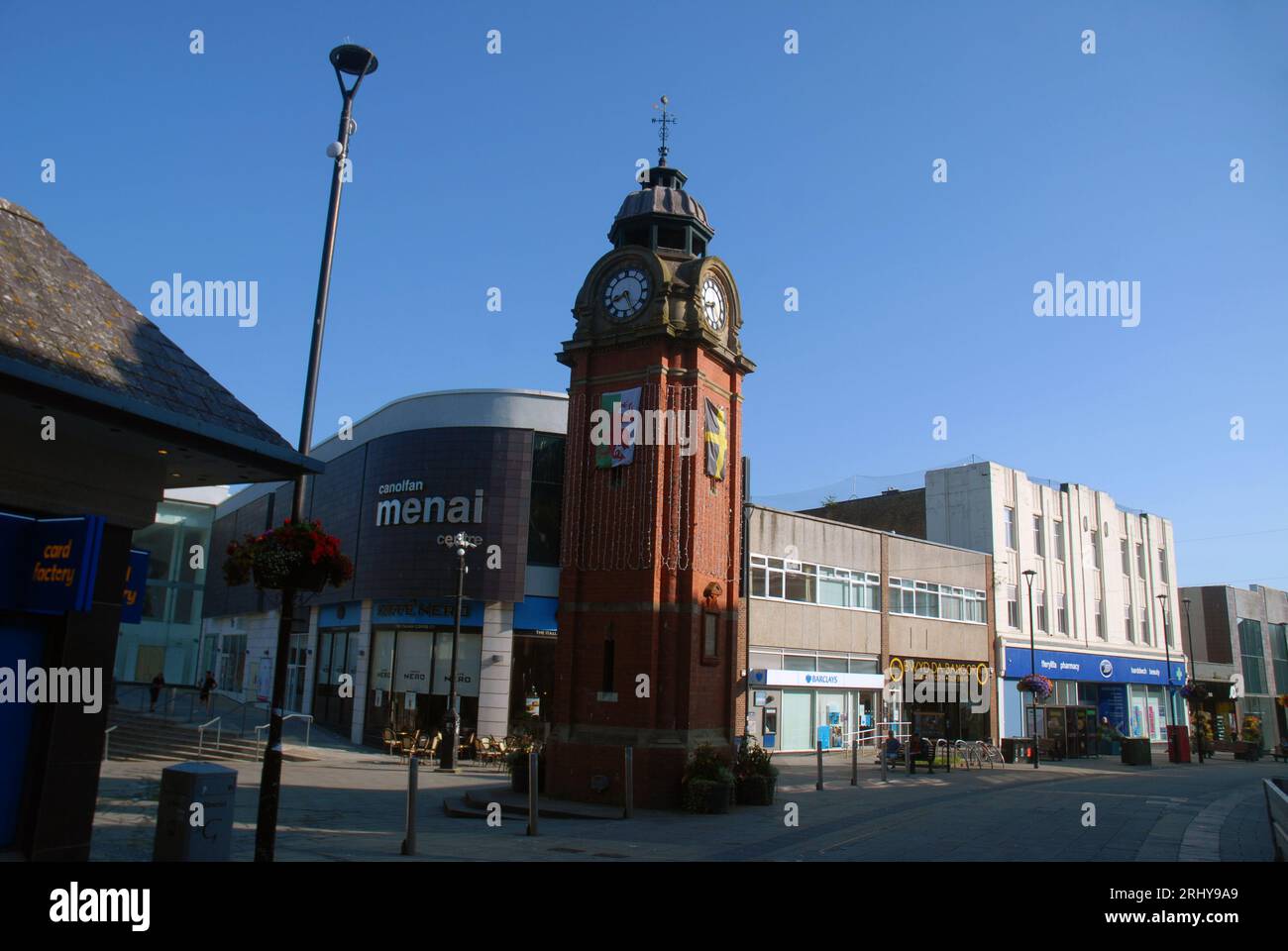 Clock Tower in centre of Bangor Gwynedd in front of Menai Shopping ...