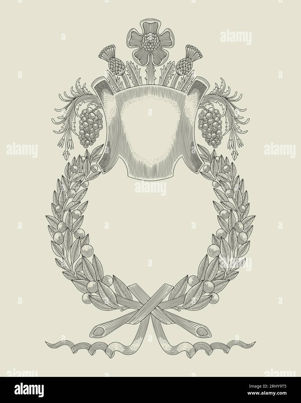 floral wreath with banner and ornament, Vintage engraving drawing style ...