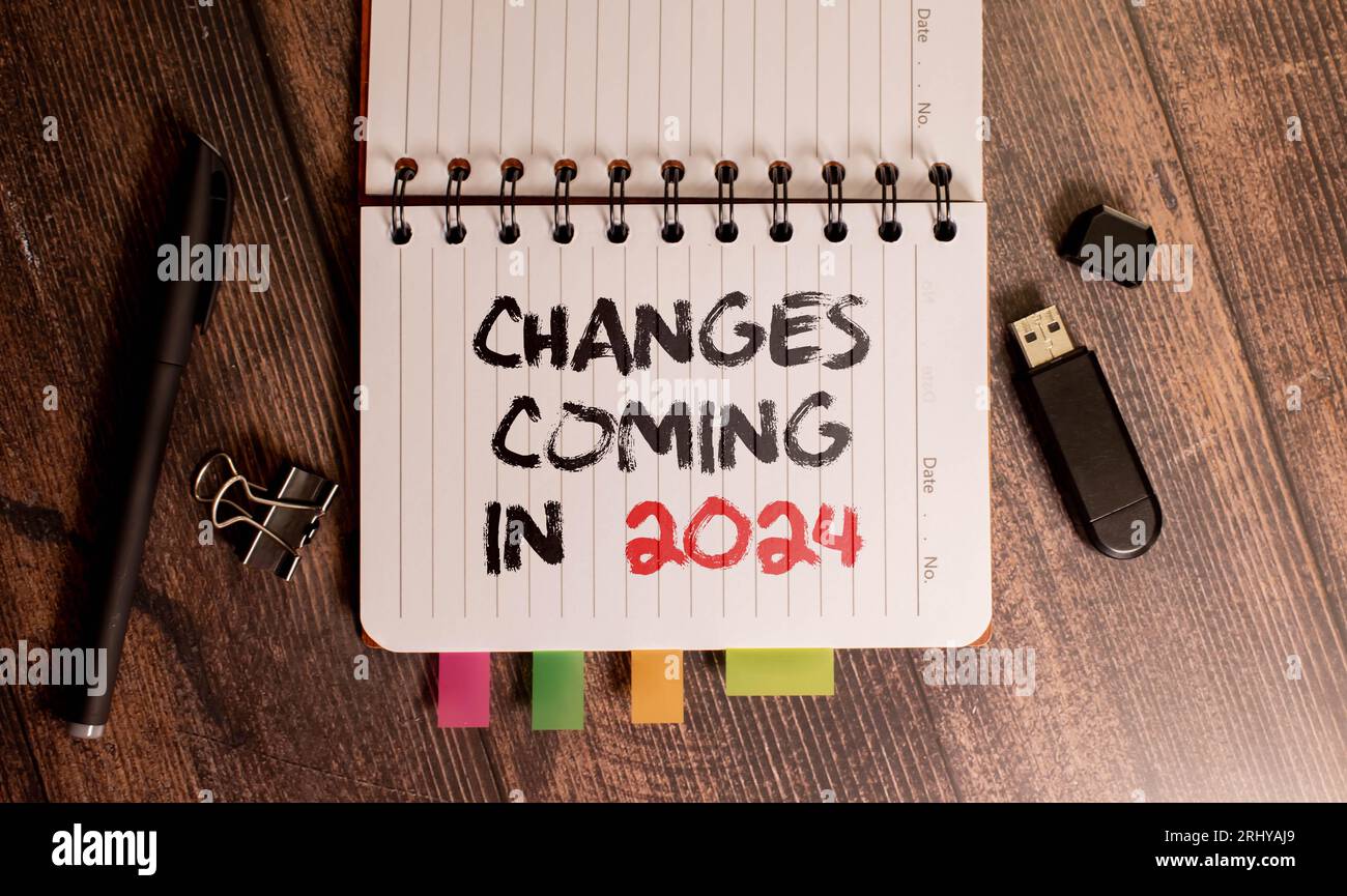 top view of page with text Changes coming in 2024 on yellow notepad ...