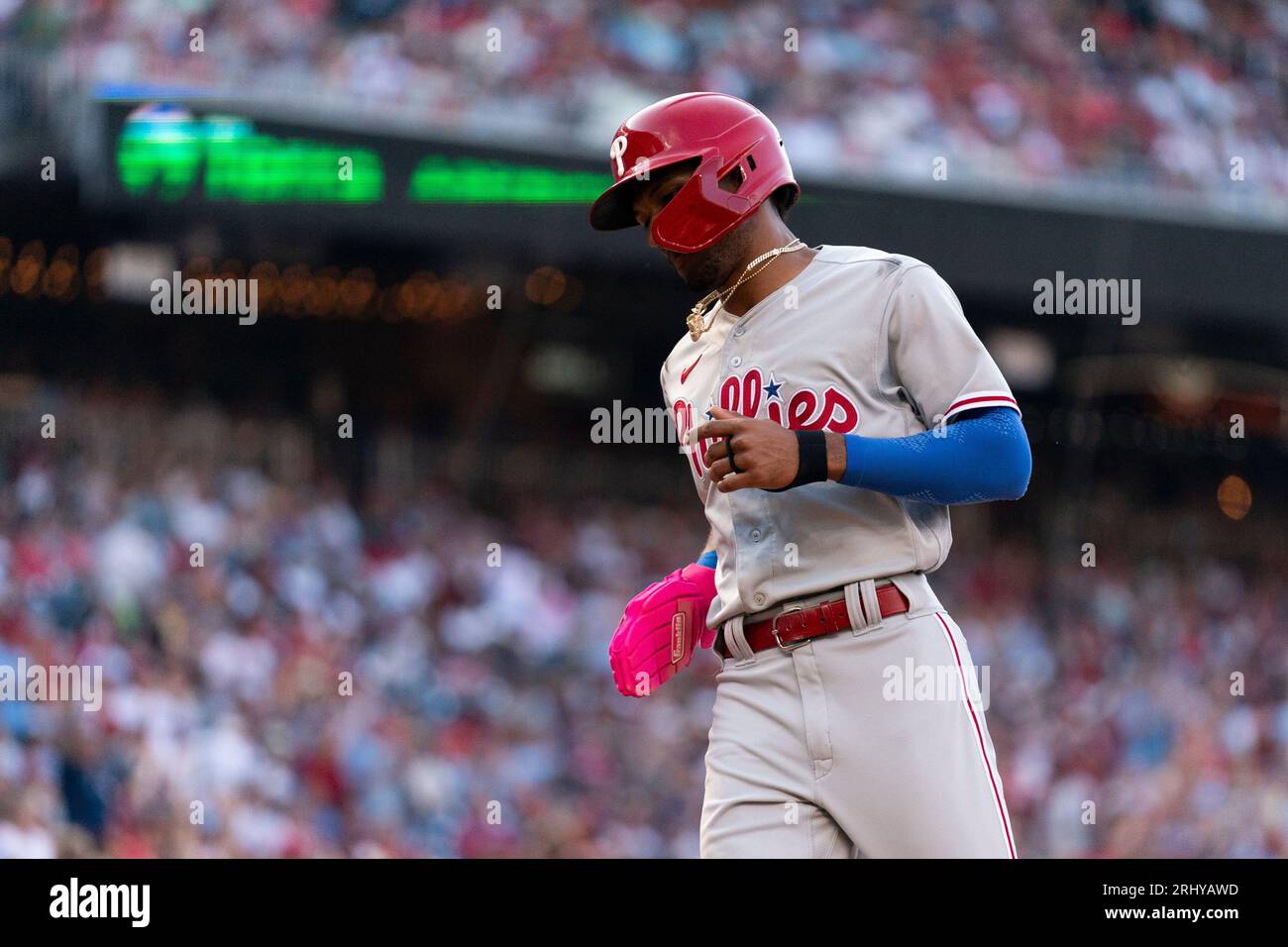 Philadelphia Phillies' Johan Rojas scores during the eighth inning of a ...