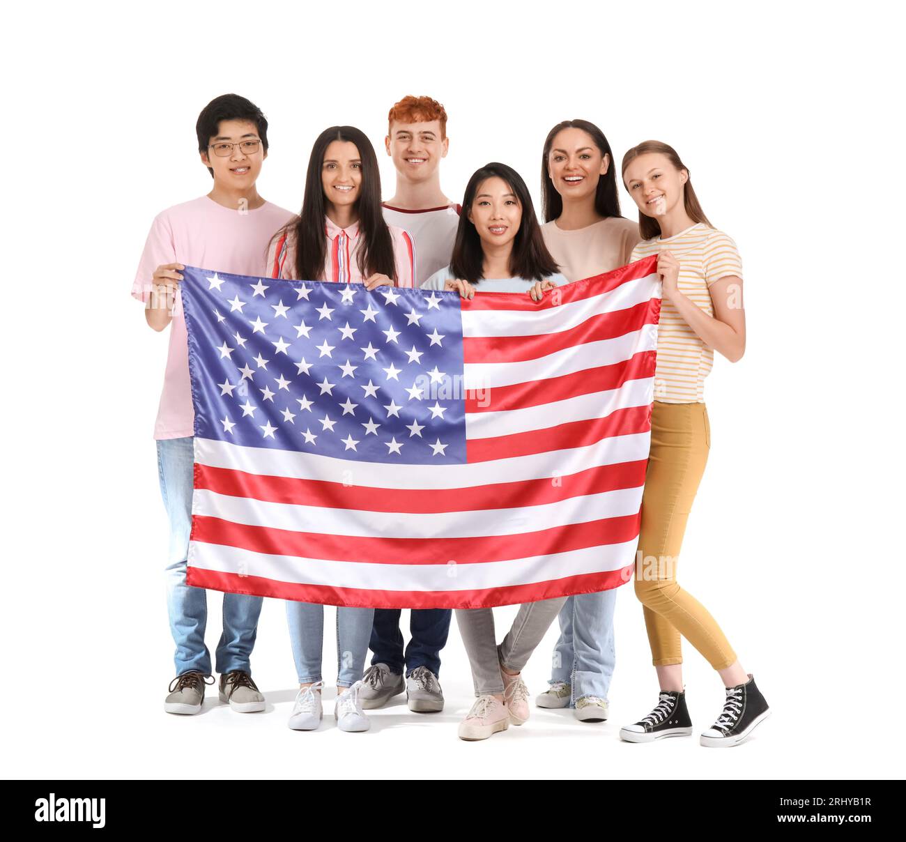 Young students of language school with USA flag on white background ...