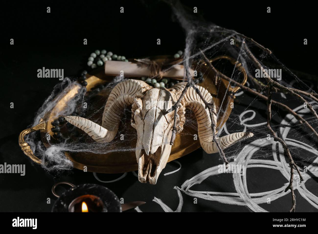 Witch's magic attributes with goat skull on dark background, closeup ...