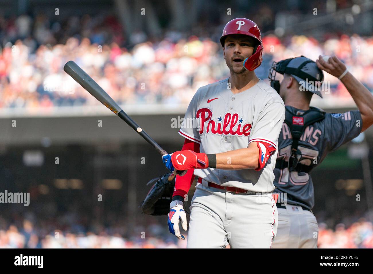 Philadelphia Phillies' Jake Cave reacts after striking out during the ...