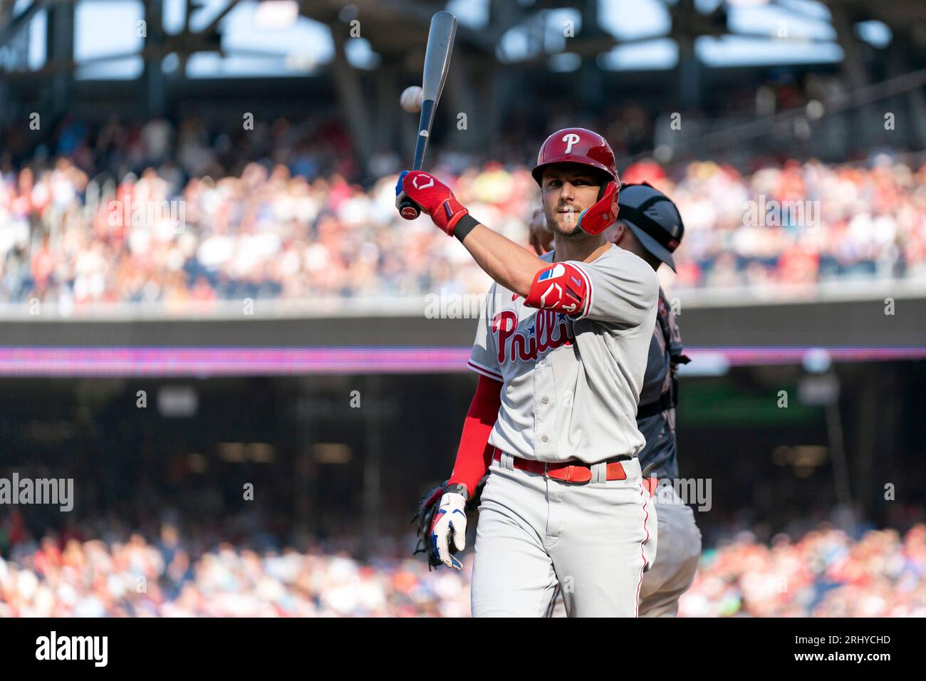 Philadelphia Phillies' Jake Cave reacts after striking out during the ...