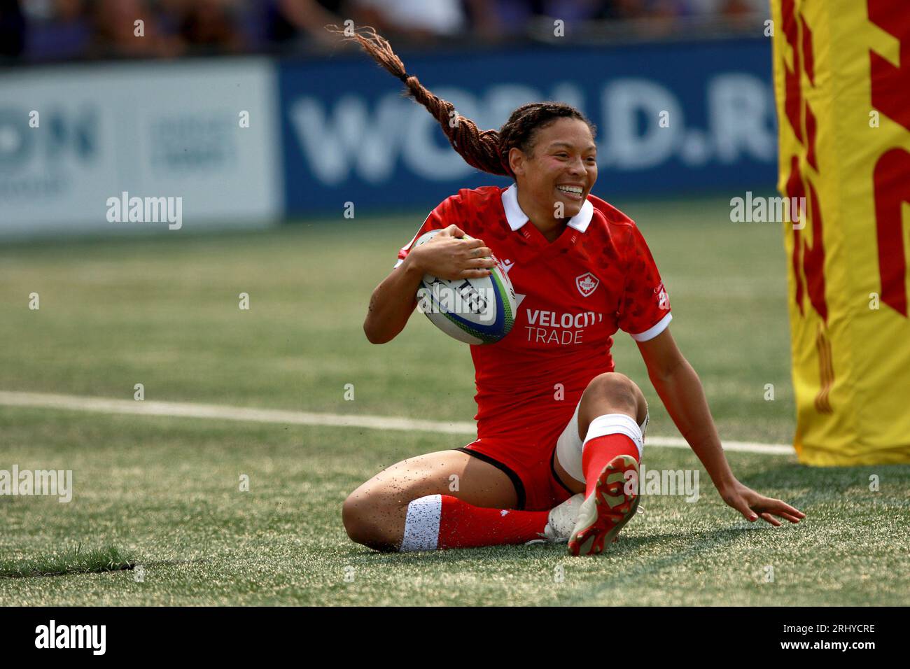 Canada's Asia Hogan-Rochester celebrates after a try against Jamaica ...