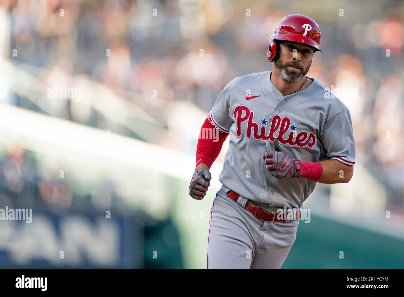 Philadelphia Phillies' Jake Cave runs toward home plate after hitting a ...
