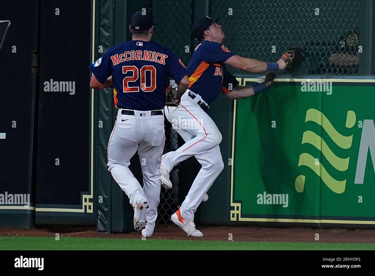 Houston Astros right fielder Chas McCormick (20) and center fielder Jake Meyers chase an RBI ...