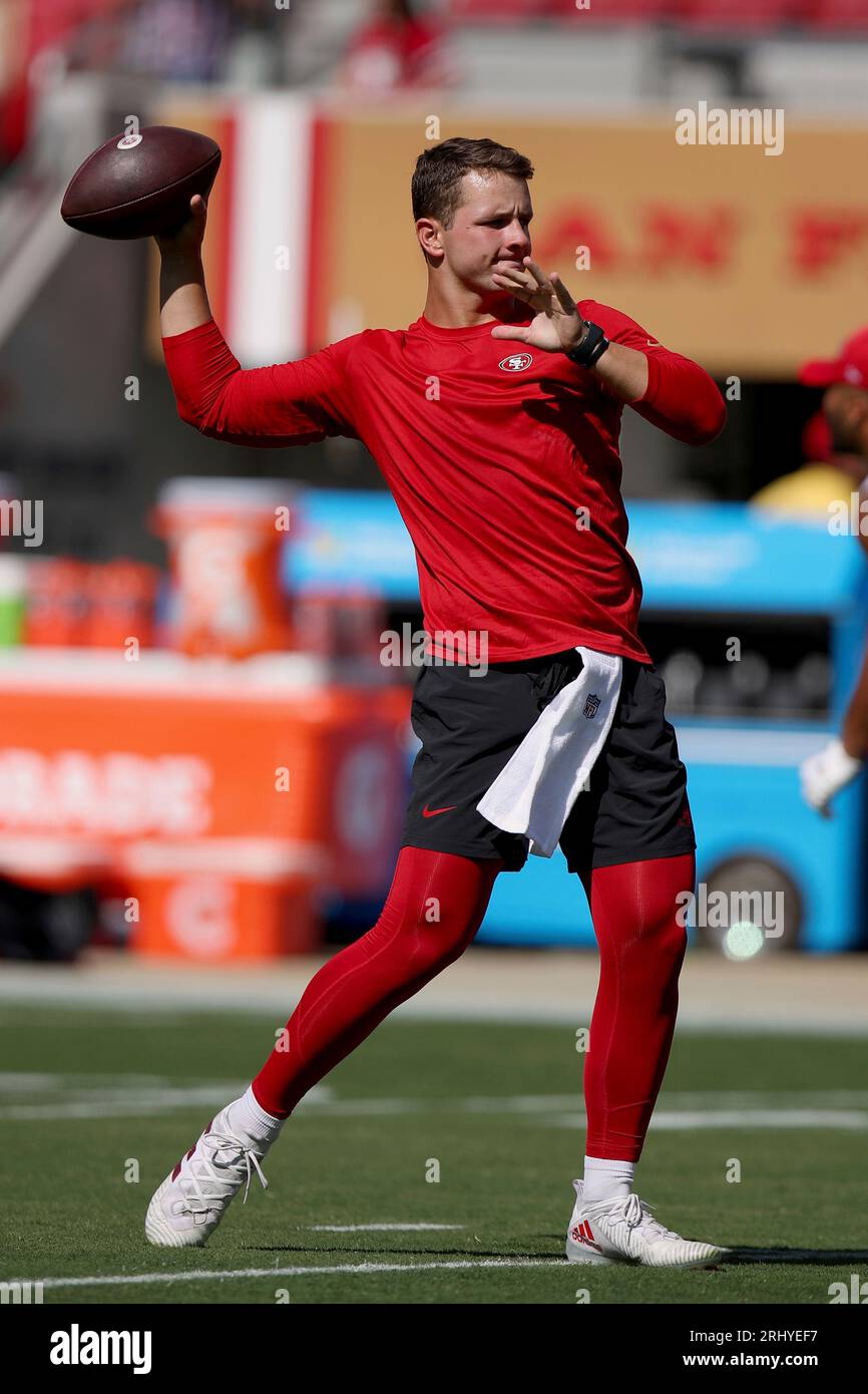 San Francisco 49ers quarterback Brock Purdy (13) warms up during an NFL ...
