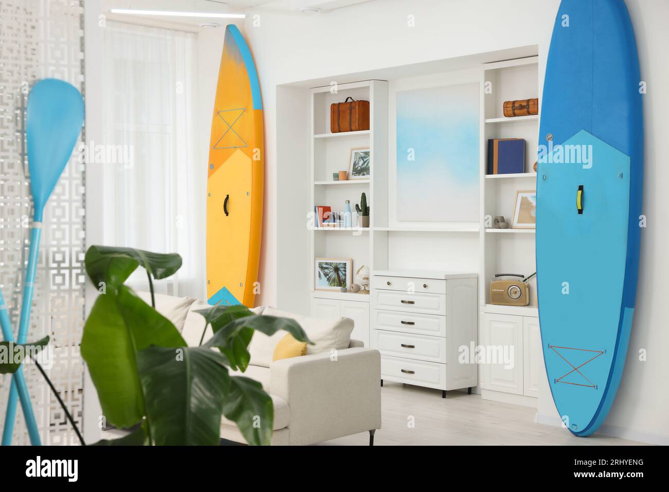 SUP boards, shelving unit with different decor elements and stylish ...