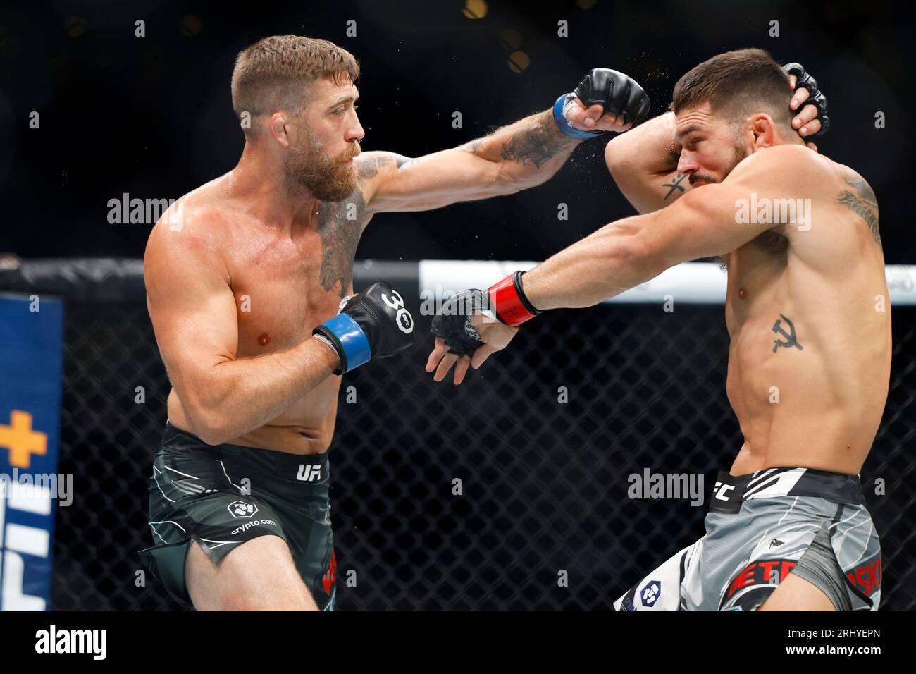Andre Petroski, right, exchanges blows Witt Gerald Meerschaert during a ...