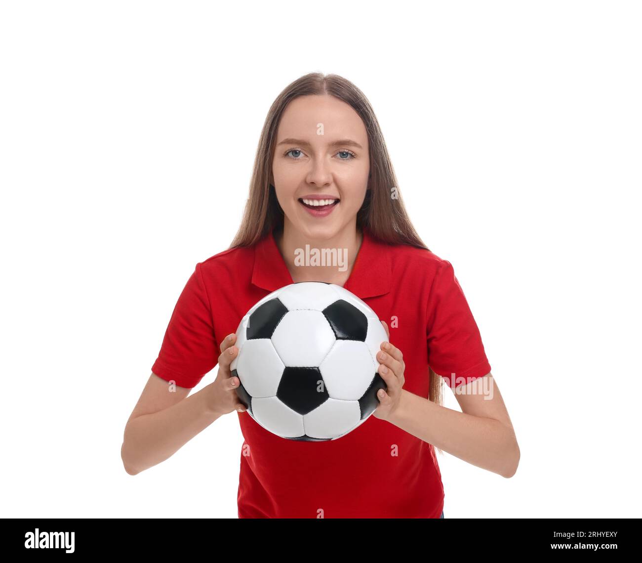 Emotional sports fan with ball on white background Stock Photo - Alamy