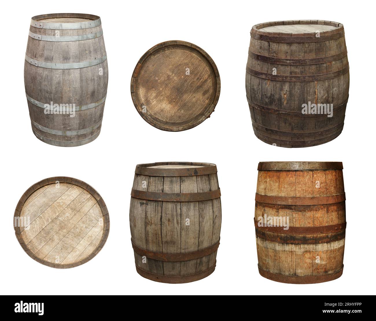 Different wooden barrels isolated on white, top and side views. Collage ...