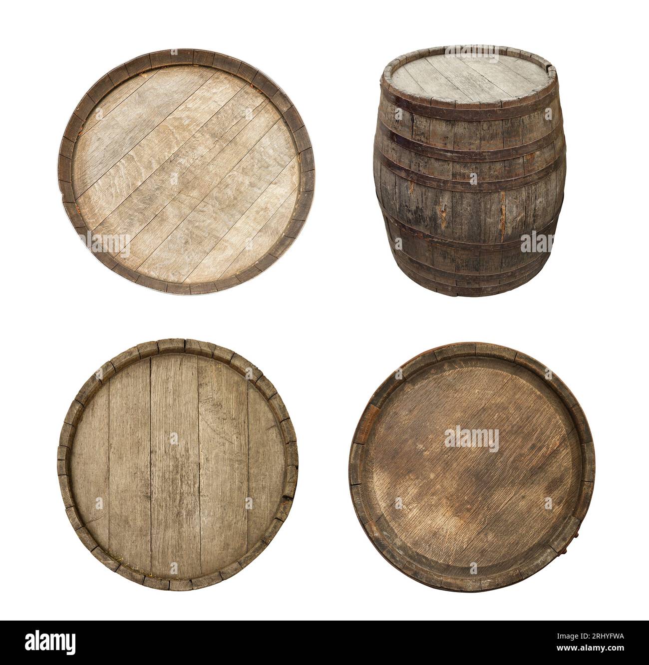 Different wooden barrels isolated on white, top and side views. Collage ...