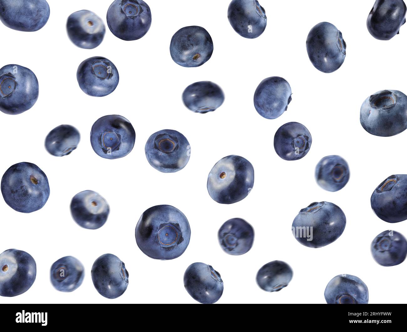 Many ripe blueberries falling on white background Stock Photo - Alamy