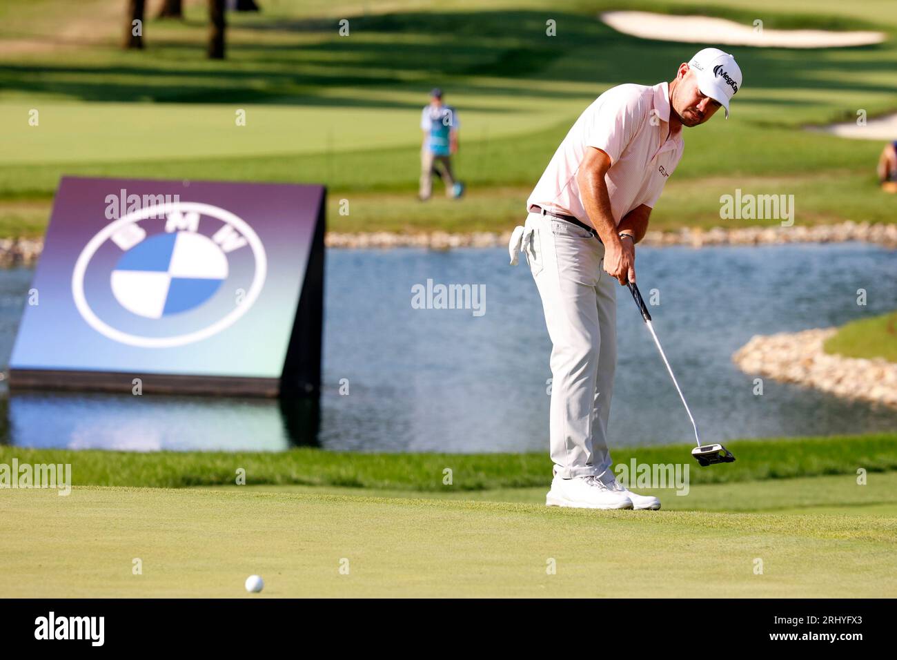OLYMPIA FIELDS, IL - AUGUST 19: PGA golfer Brian Harman putts on the 18th hole during the third ...
