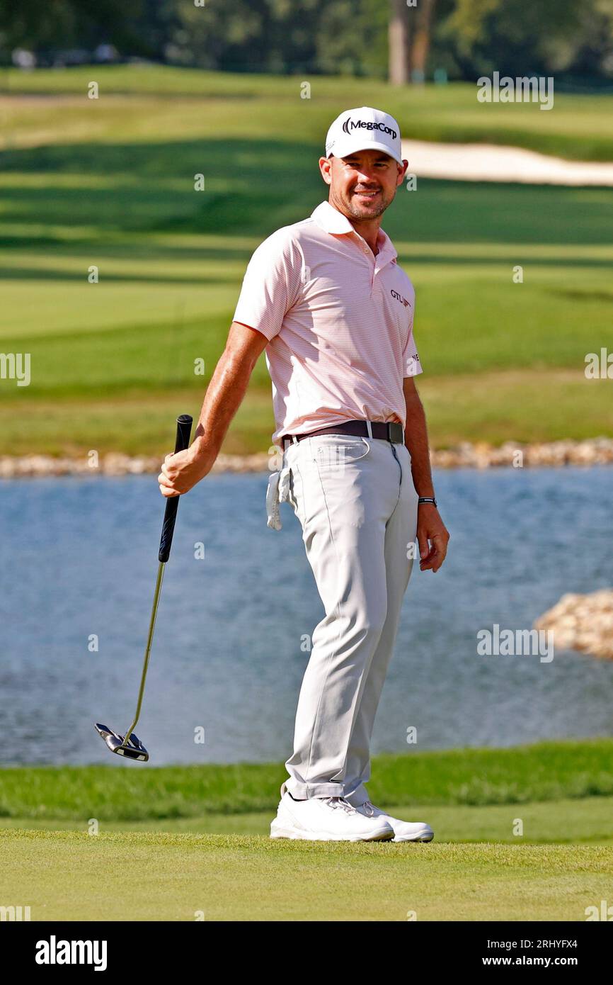 OLYMPIA FIELDS, IL - AUGUST 19: PGA golfer Brian Harman reacts to missing a birdie putt on the ...