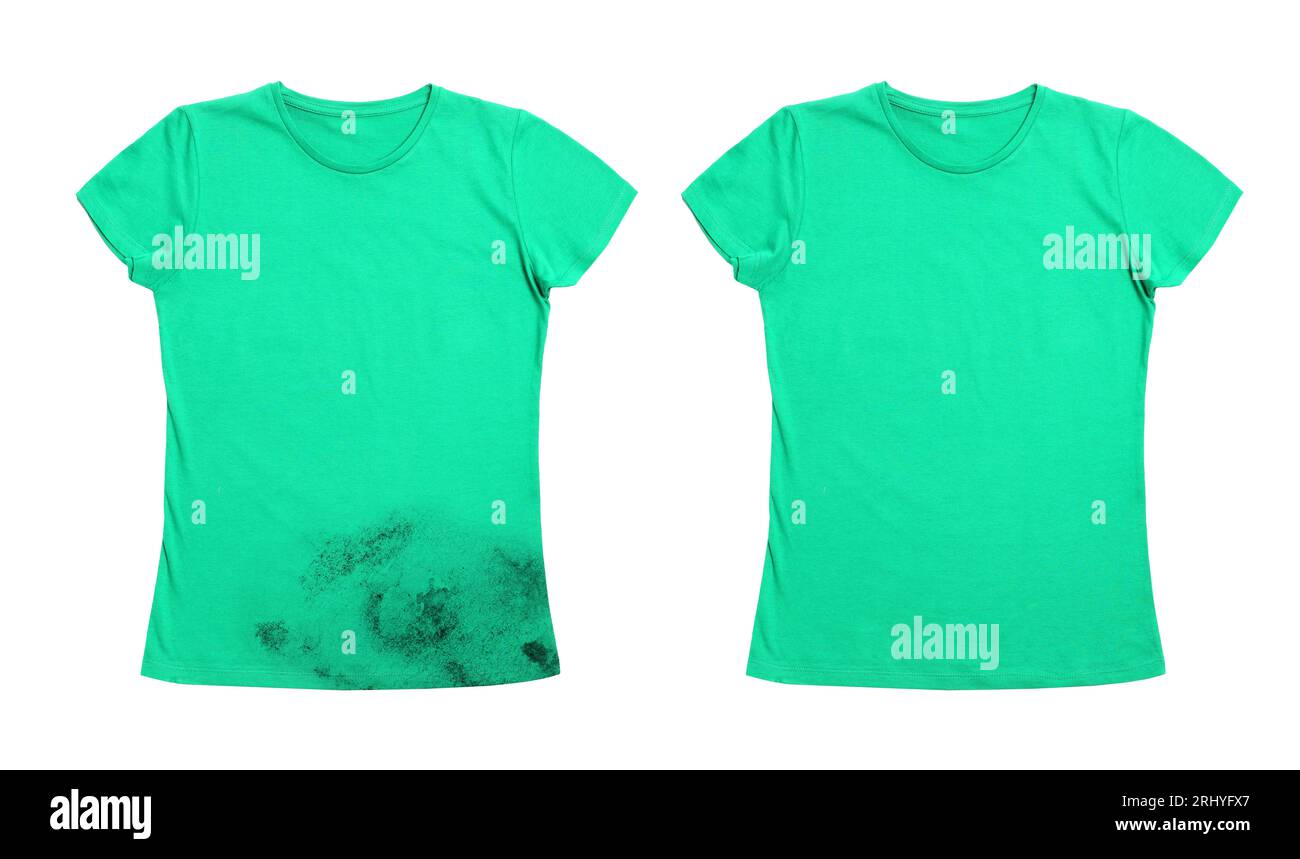 Collage with dirty and clean t-shirt isolated on white. Before and ...