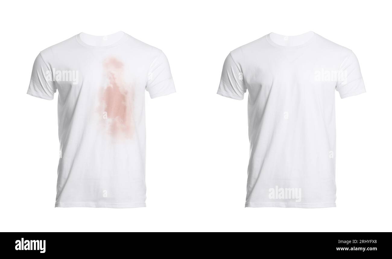 Collage with dirty and clean t-shirt isolated on white. Before and ...